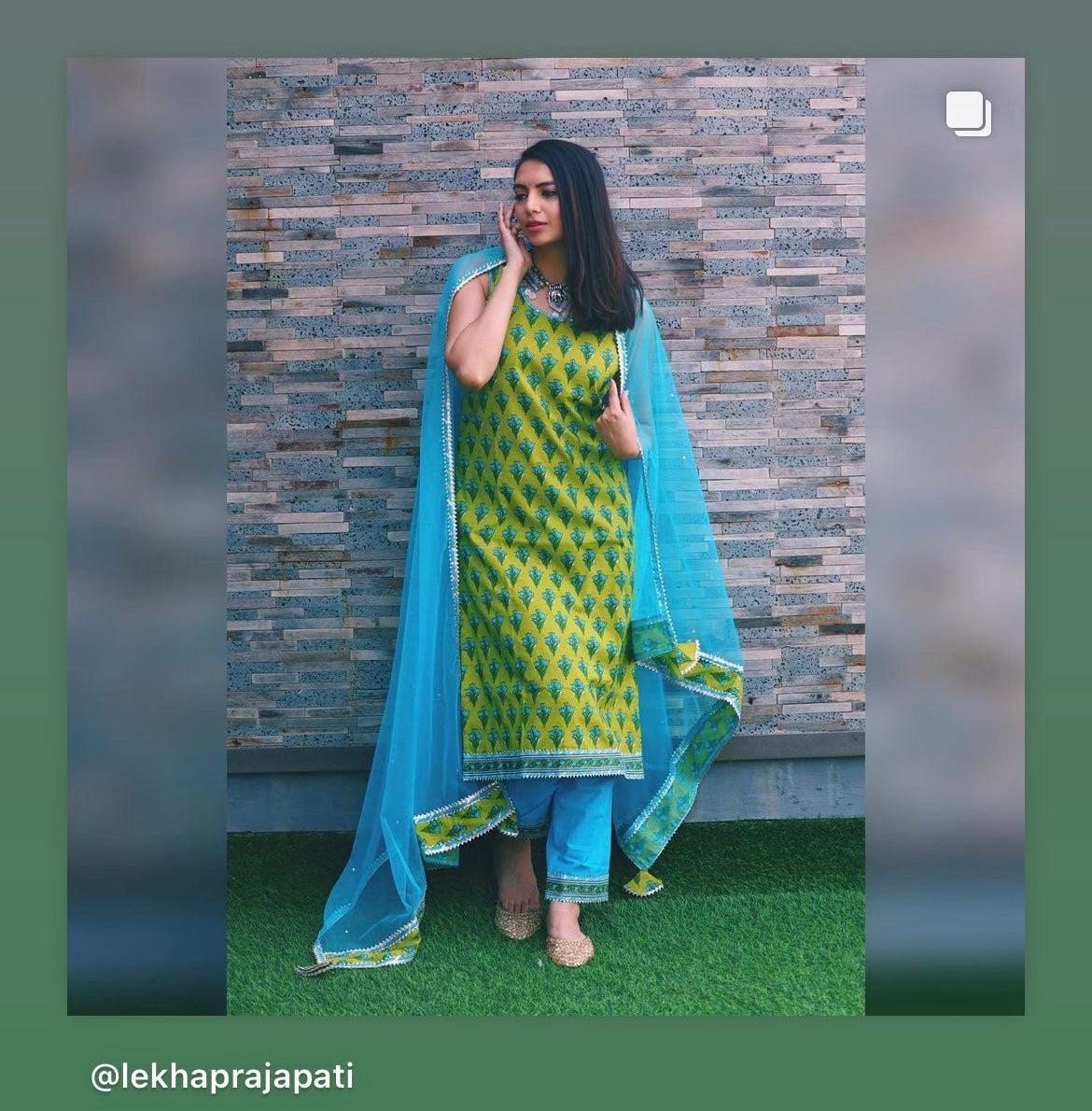 Gulzar Blue Hand Block Cotton Suit Set online in USA | Free Shipping , Easy Returns - Fledgling ...