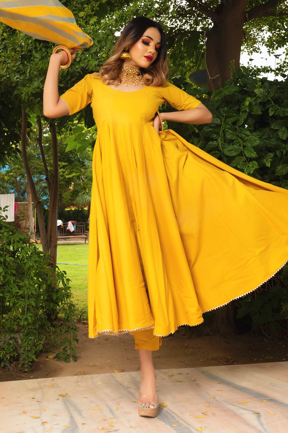 Rosemarry Yellow Cotton Anarkali Set online in USA | Free Shipping ...